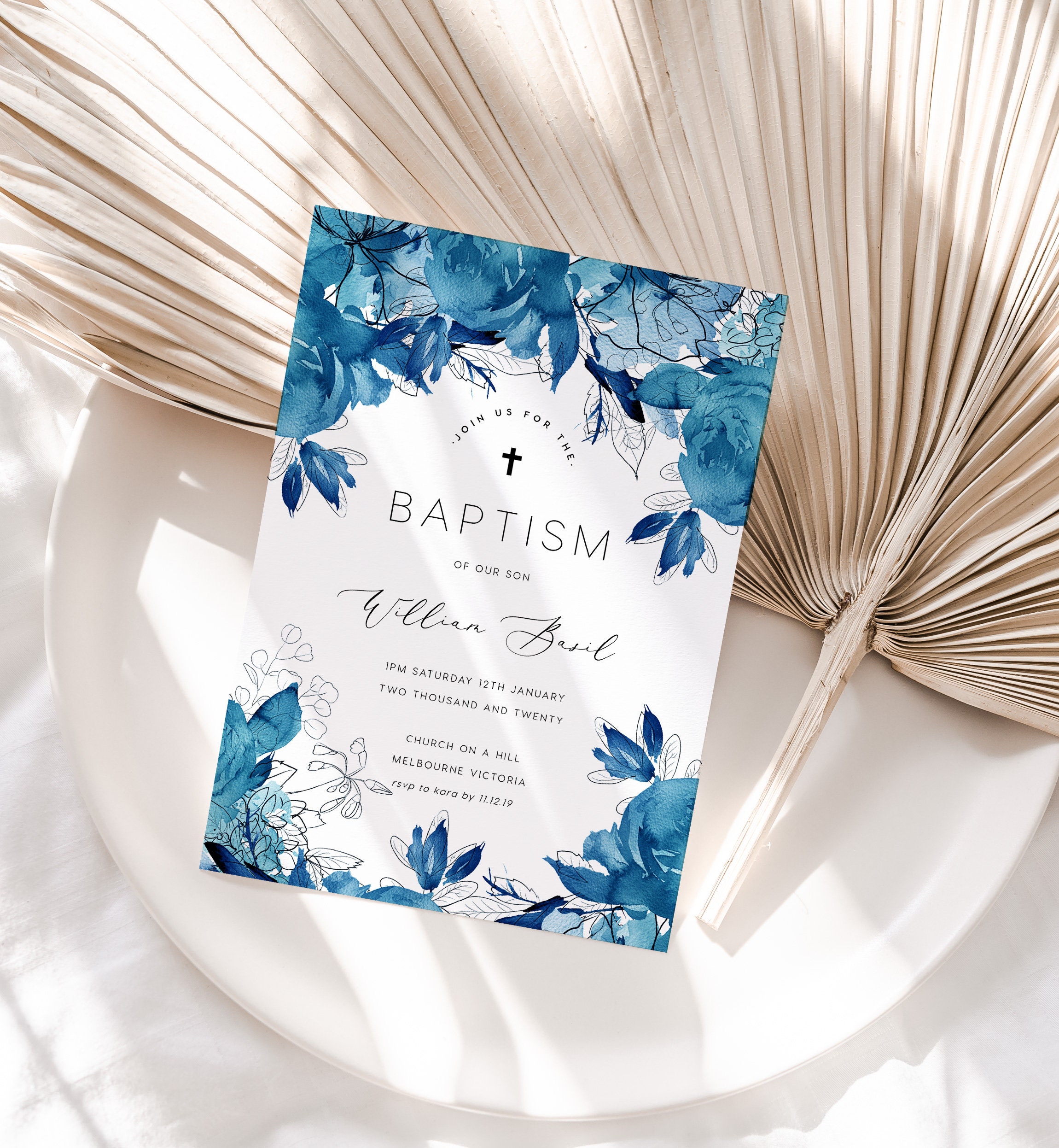 Blue Floral Baptism Invitation INSTANT DOWNLOAD Editable PDF | Etsy