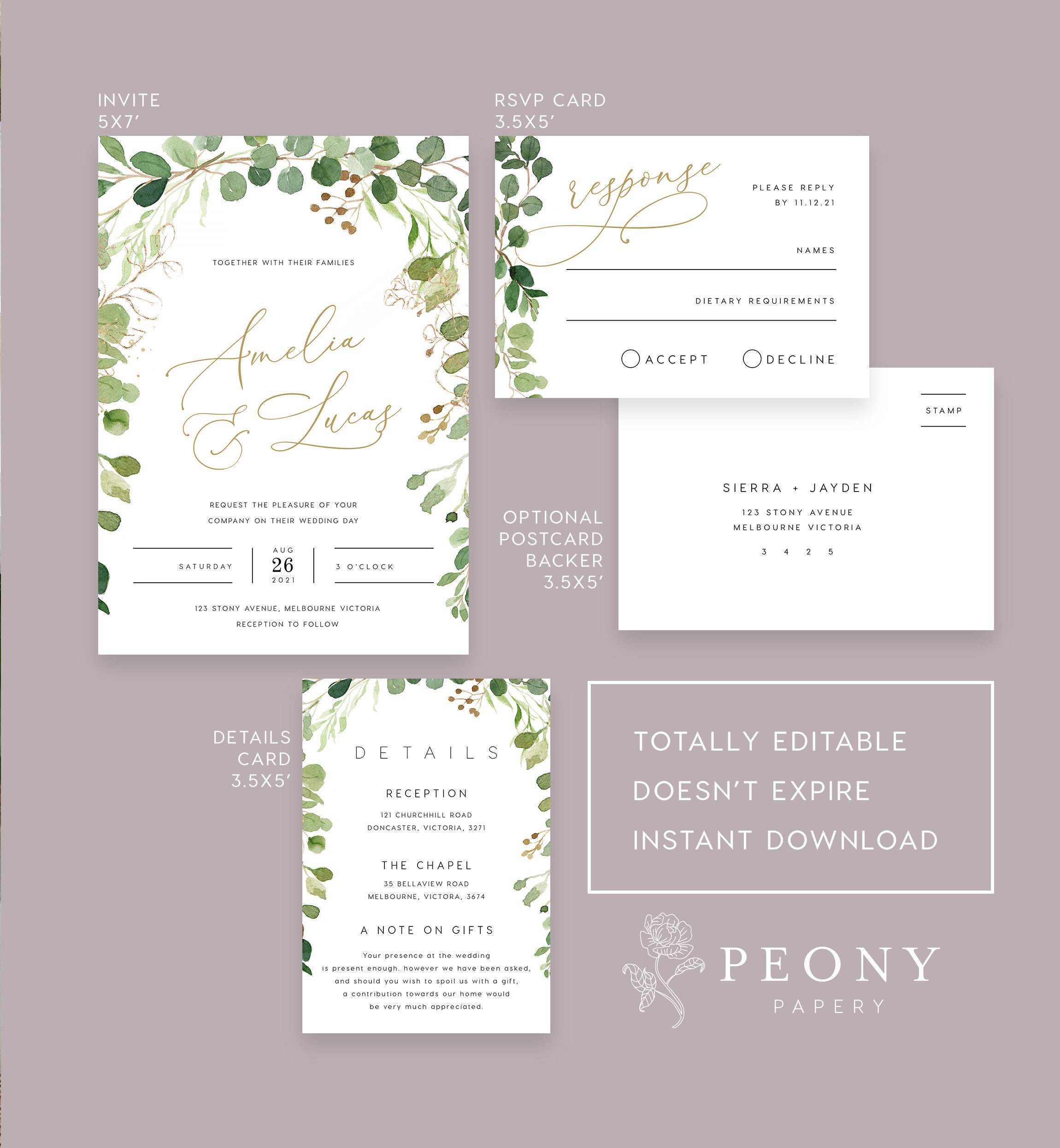 Greenery Wedding Invitation Set INSTANT DOWNLOAD Leaves | Etsy