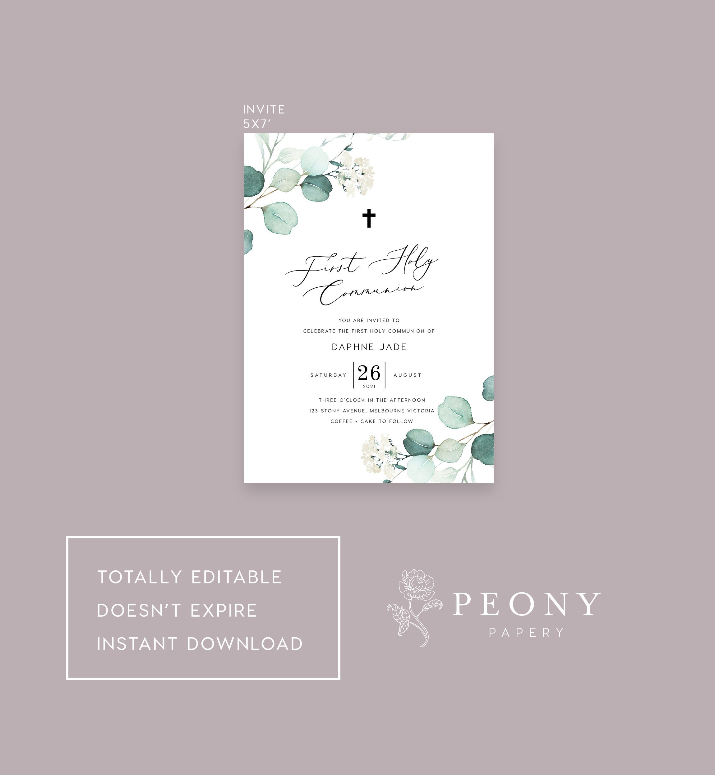 Eucalyptus First Holy Communion Invitation INSTANT DOWNLOAD - Etsy