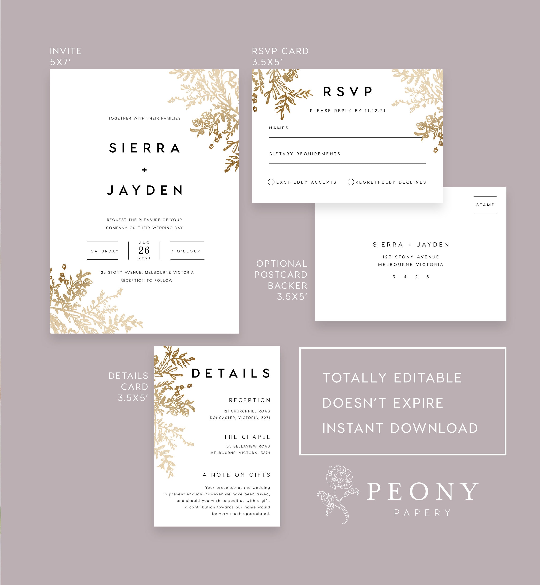 Gold Foil Wedding Invitation Set INSTANT DOWNLOAD Gold Goil - Etsy Ireland