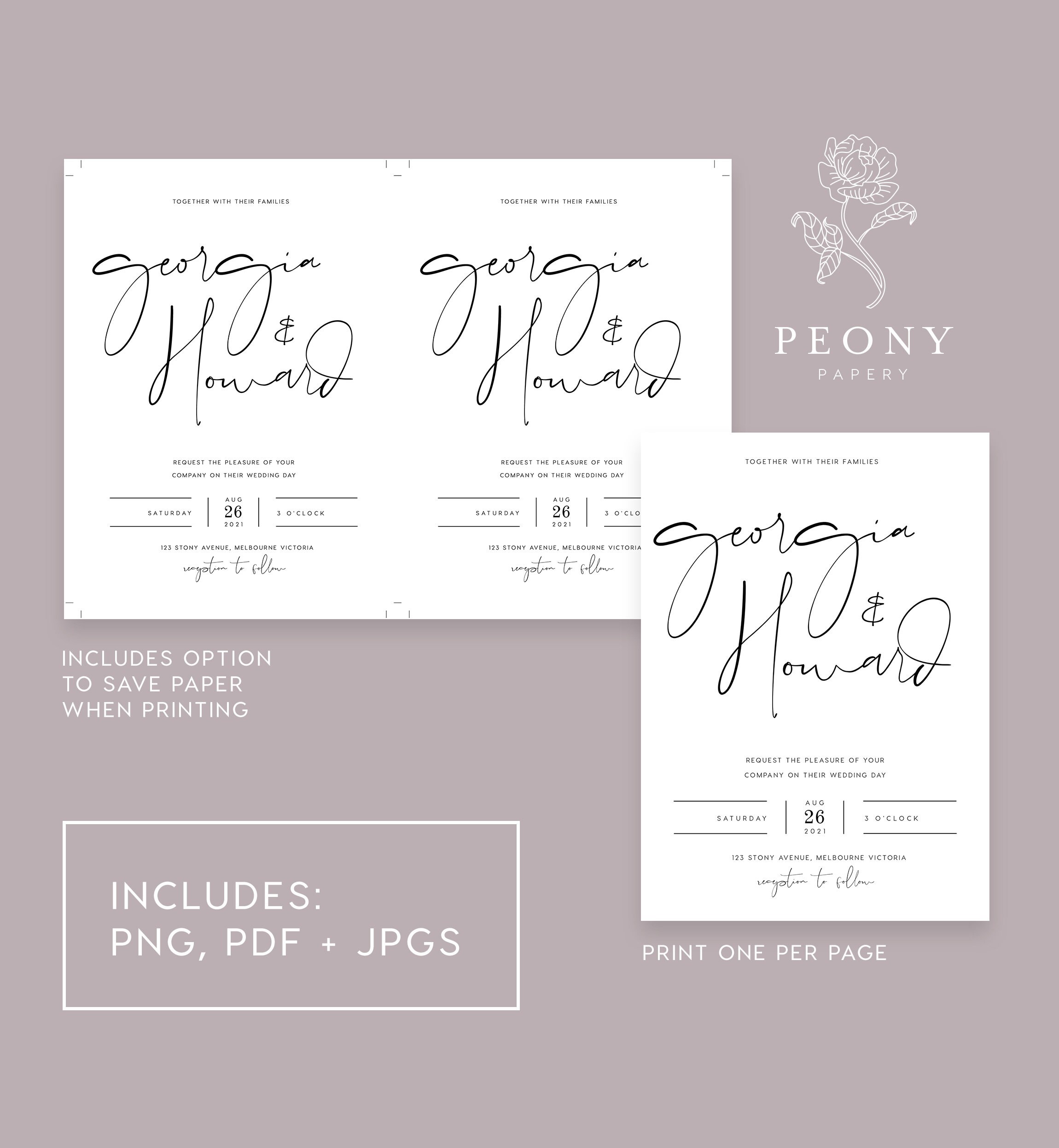 Calligraphy Wedding Invitation INSTANT DOWNLOAD Minimal, Simple, Modern ...