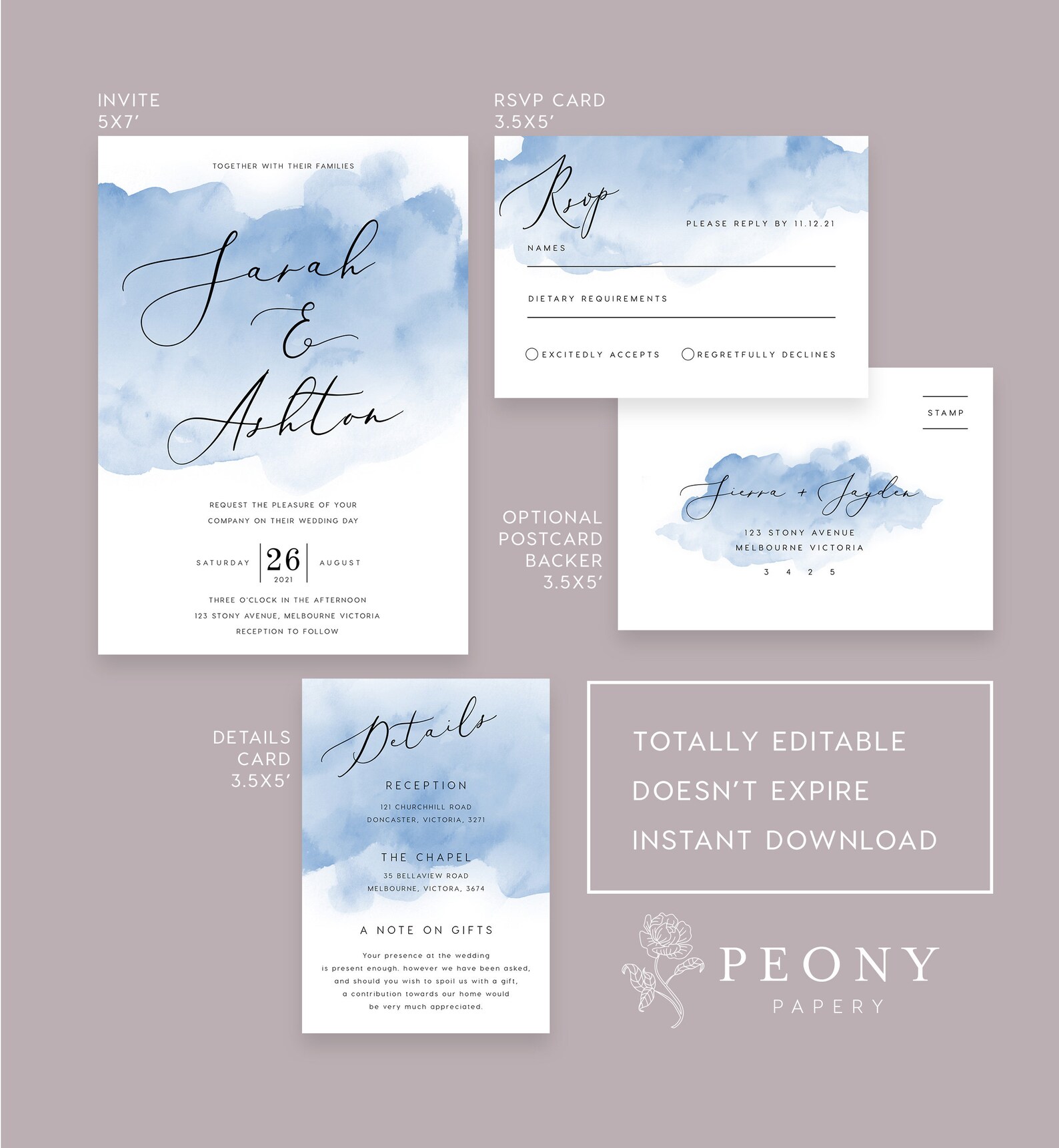 Dusty Blue Wedding Invitation Set INSTANT DOWNLOAD Modern - Etsy