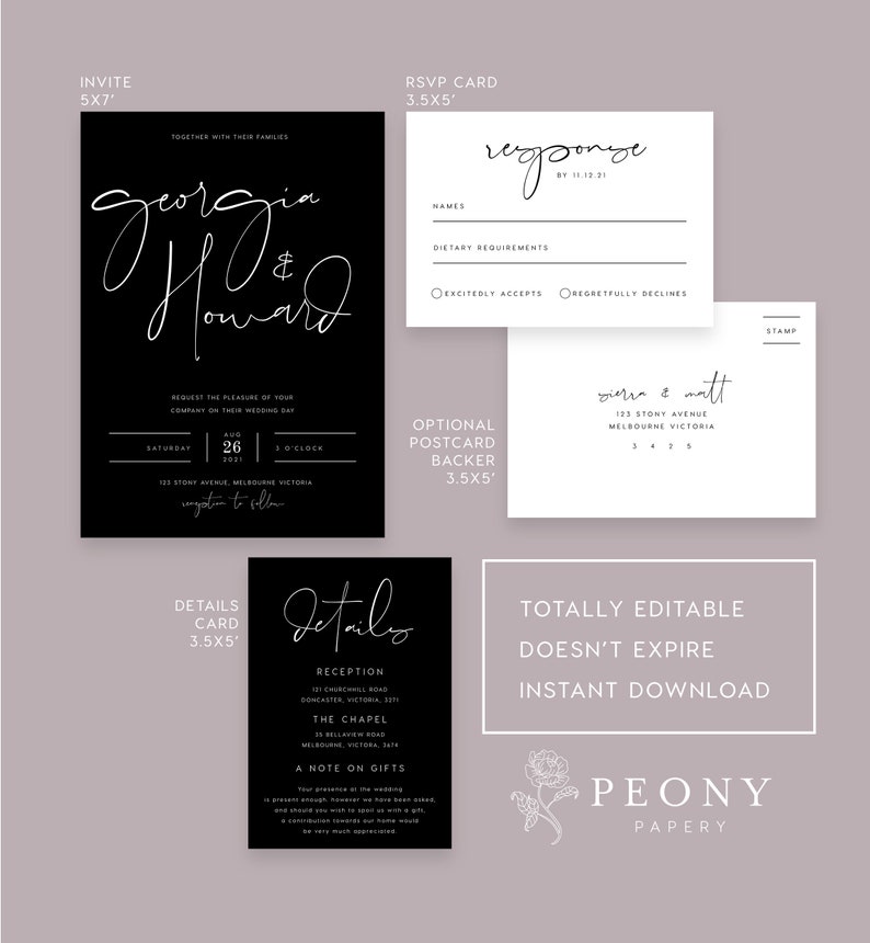 Black Wedding Invitation Set INSTANT DOWNLOAD Rustic - Etsy