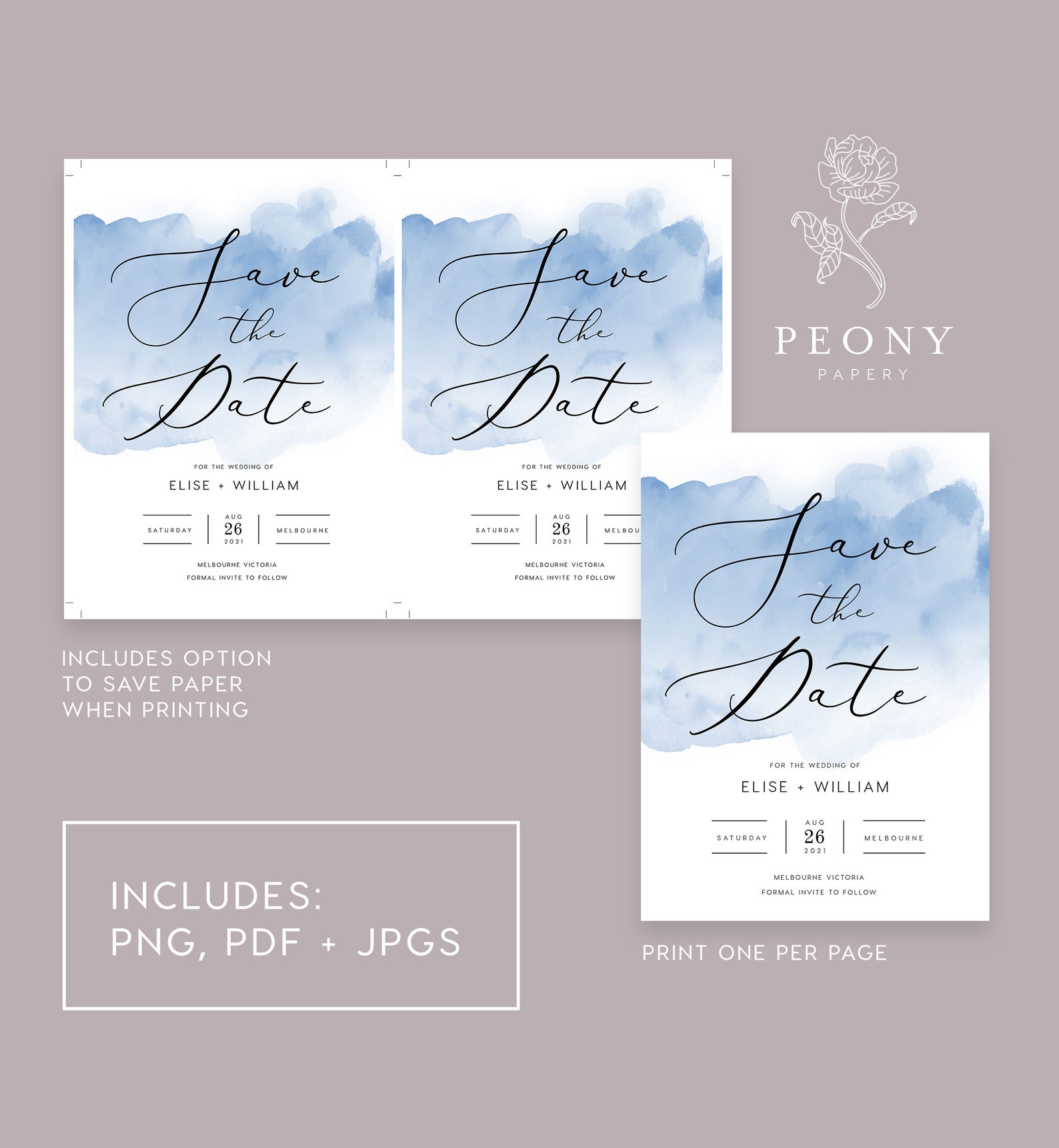 Blue Save the Date INSTANT DOWNLOAD Watercolour Dusty Blue Save the ...