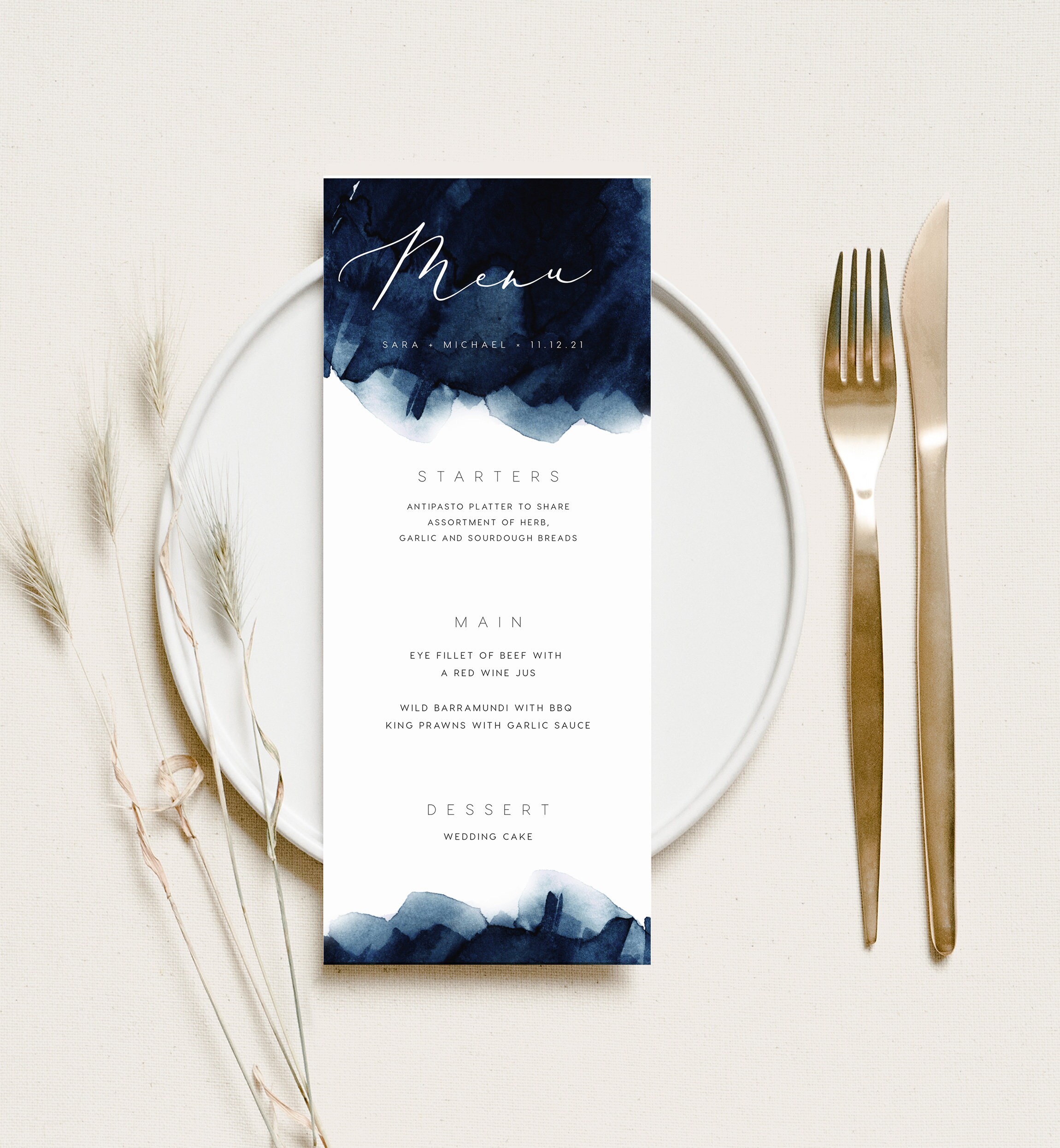 Navy Blue Menu INSTANT DOWNLOAD Watercolor Dinner Wedding - Etsy