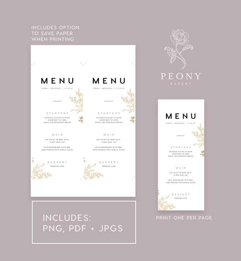 Gold Foil Menu INSTANT DOWNLOAD Watercolor Dinner Wedding, Editable ...