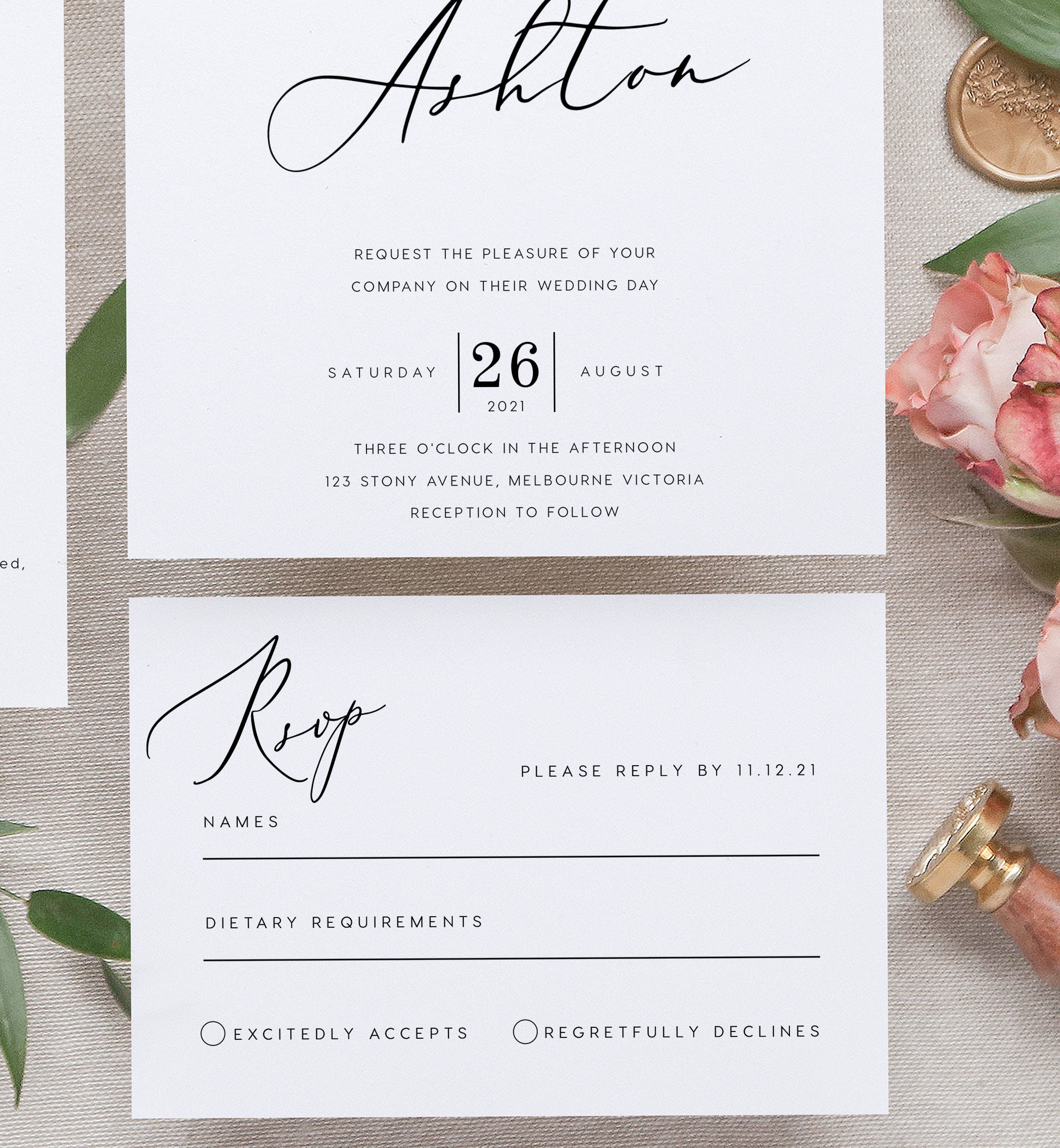 Calligraphy Wedding Invitation Set INSTANT DOWNLOAD Minimal | Etsy