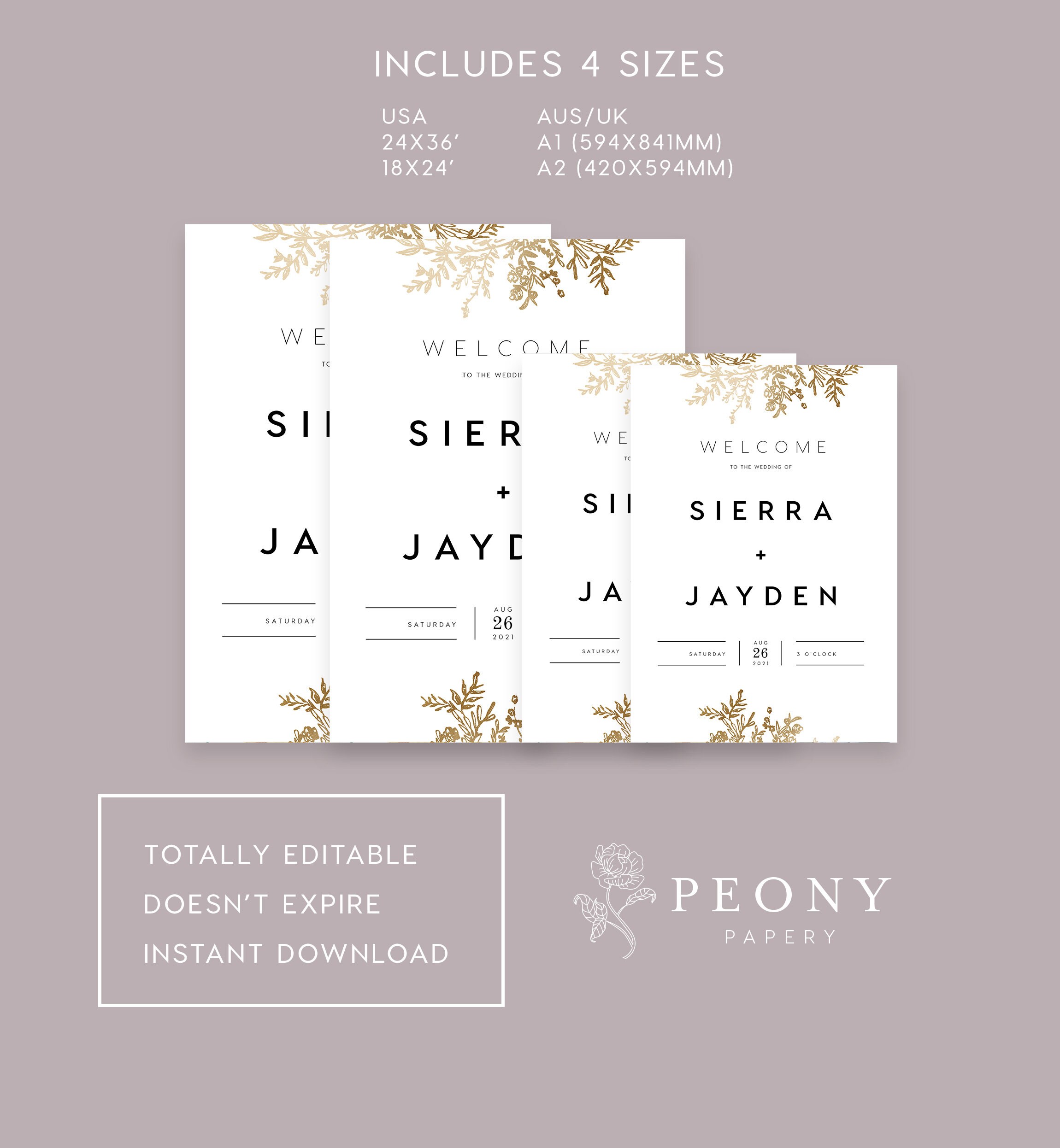 Gold Welcome Sign INSTANT DOWNLOAD Poster, Portrait, Templett ...