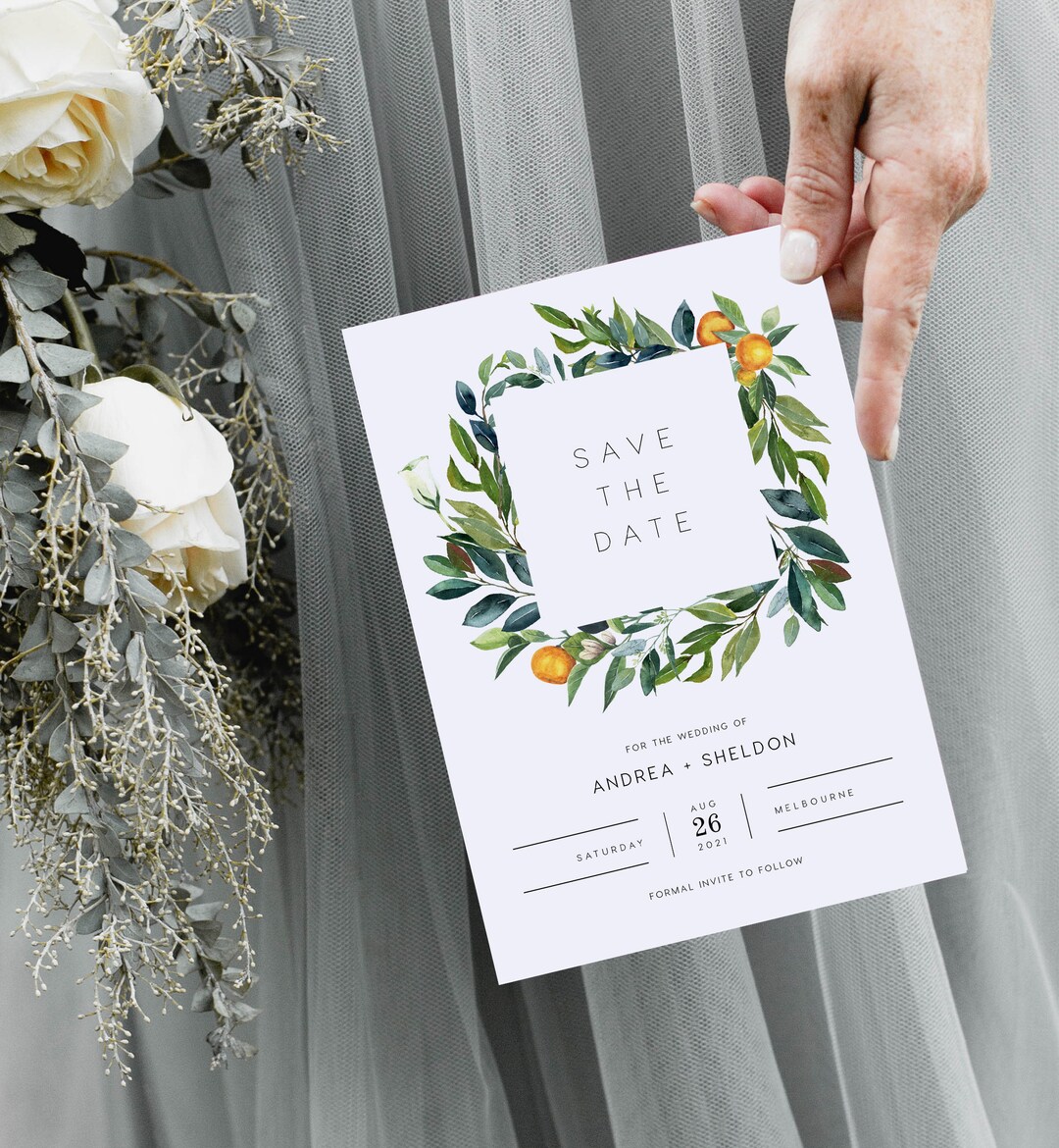 Oranges Save the Date INSTANT DOWNLOAD Citrus, Mediterranean, Leaves ...