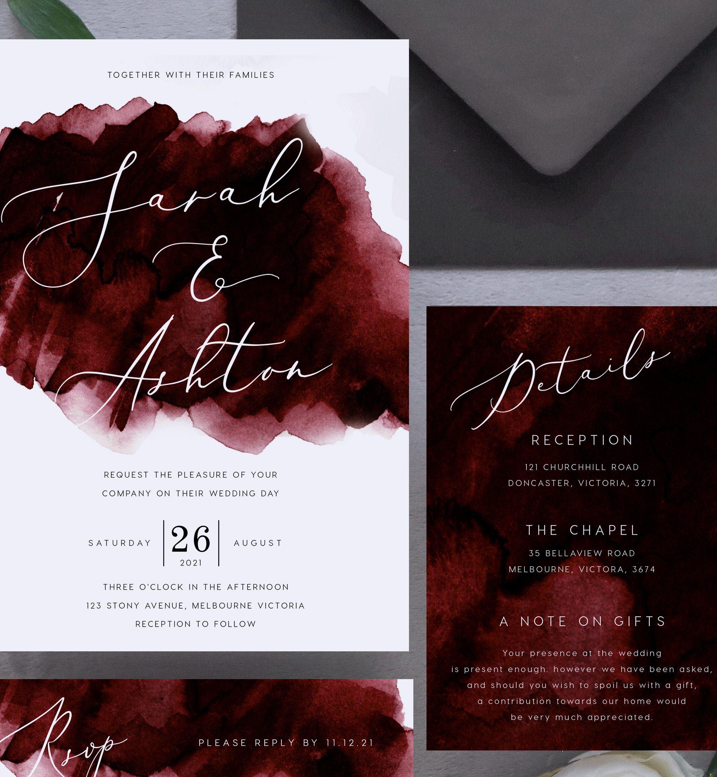 Burgundy Wedding Invitation Set INSTANT DOWNLOAD Modern | Etsy Canada