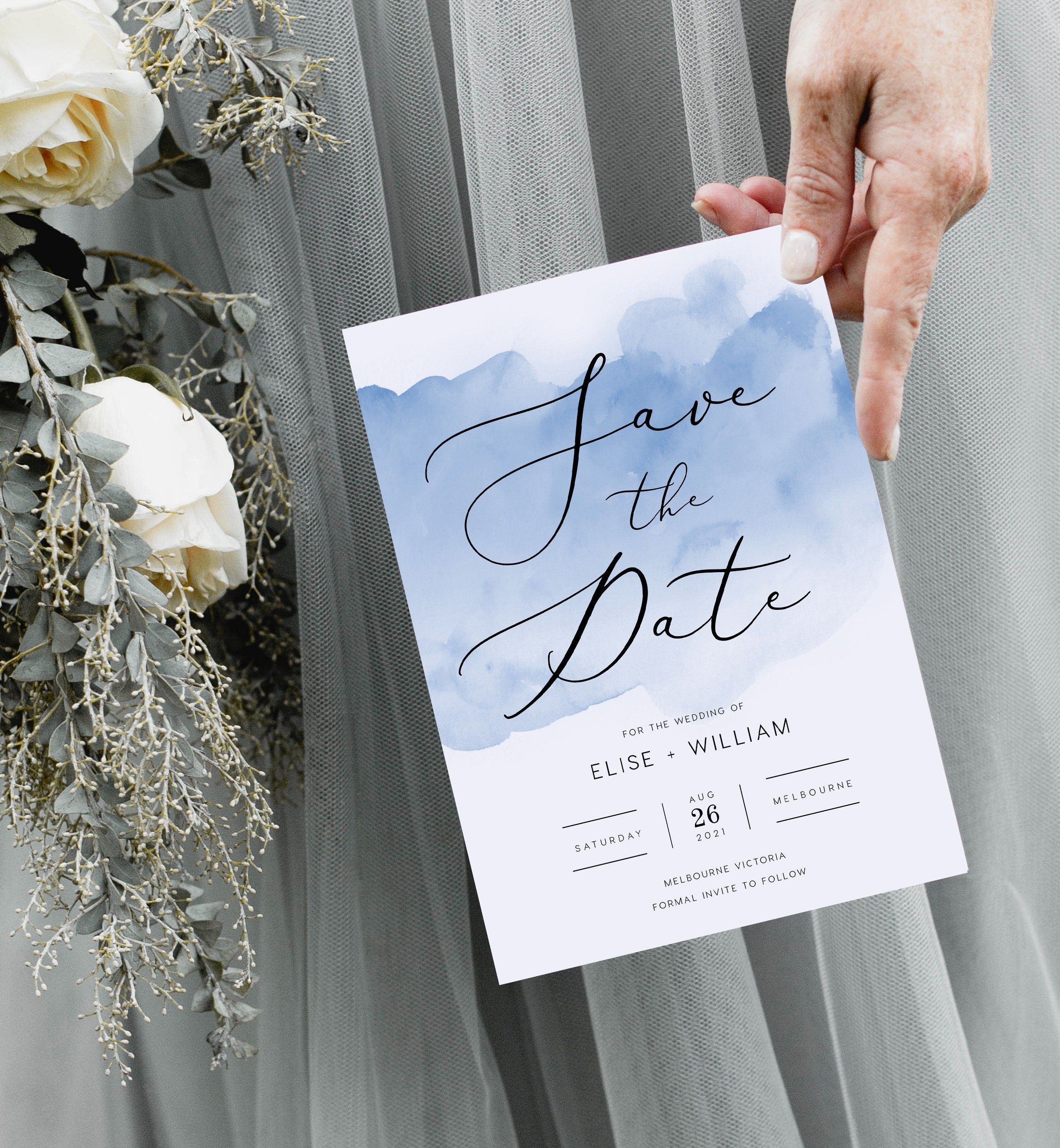 Blue Save the Date INSTANT DOWNLOAD Watercolour Dusty Blue Save the ...