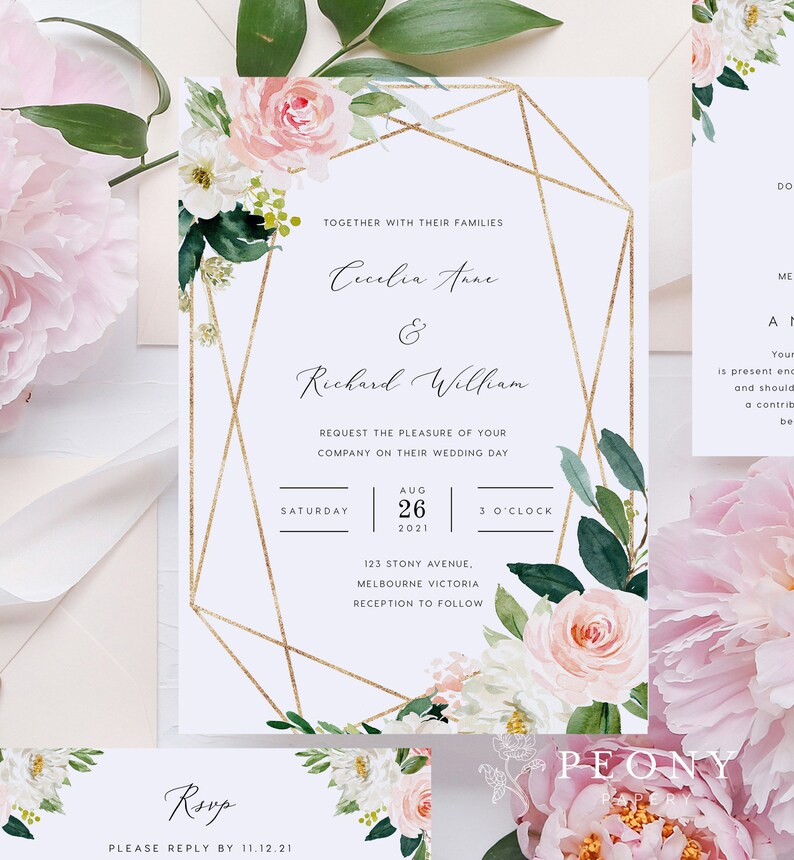 Peony Wedding Invitation Set INSTANT DOWNLOAD Blush Pink and - Etsy