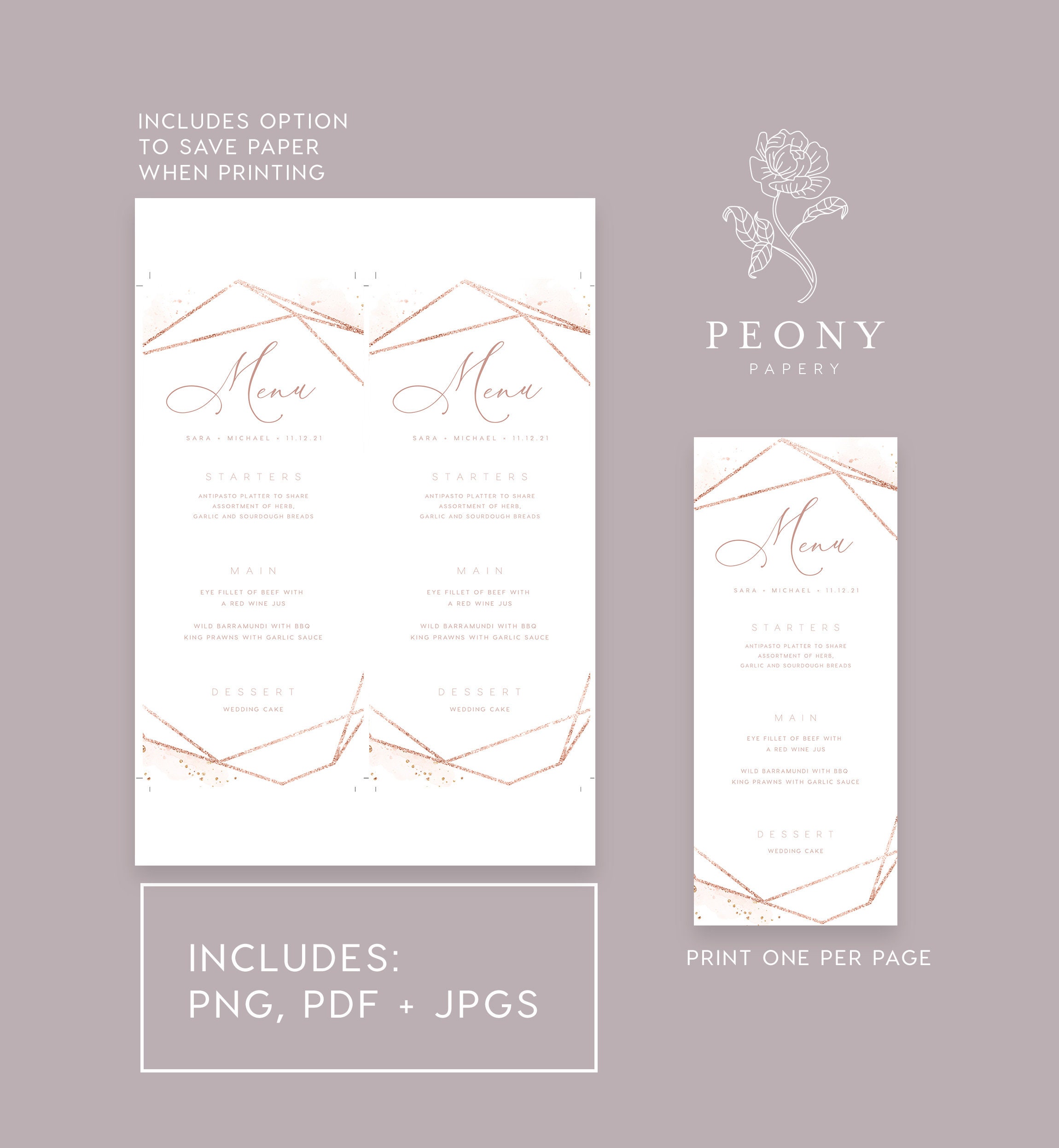 Rose Gold Menu INSTANT DOWNLOAD Minimal Rustic Dinner Wedding, Editable ...