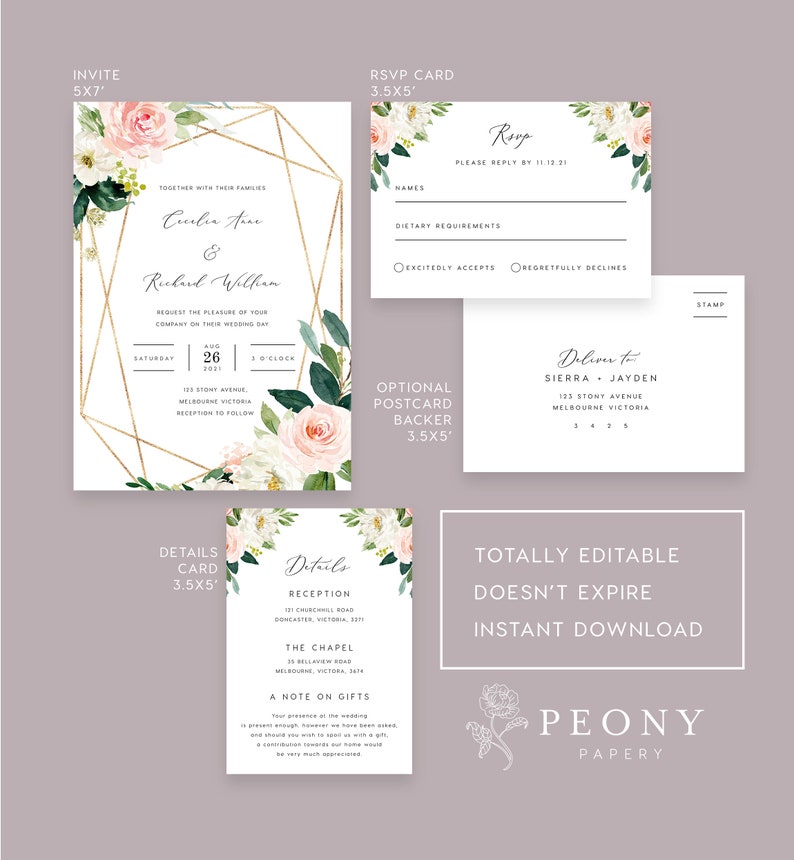 Peony Wedding Invitation Set INSTANT DOWNLOAD Blush Pink and - Etsy