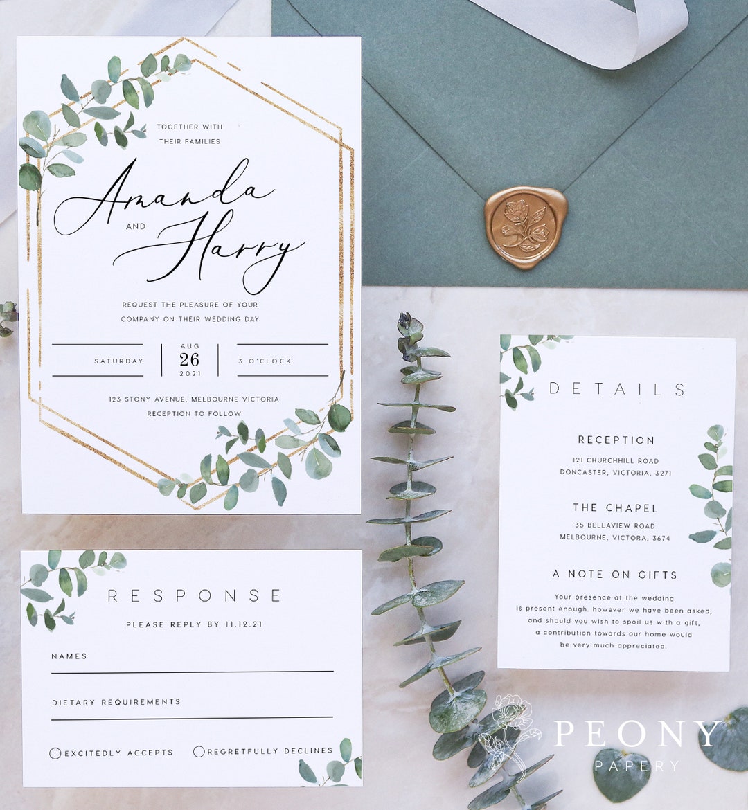 Greenery Wedding Invitation Set INSTANT DOWNLOAD Gold Foil, Green and ...