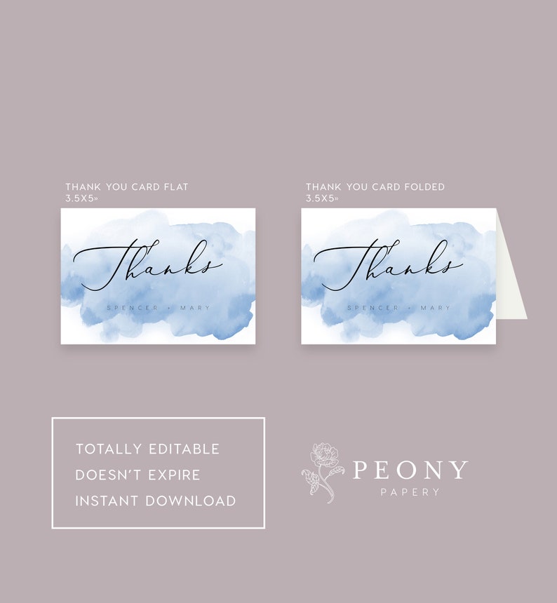 Dusty Blue Thank You Card INSTANT DOWNLOAD Flat Thank you | Etsy