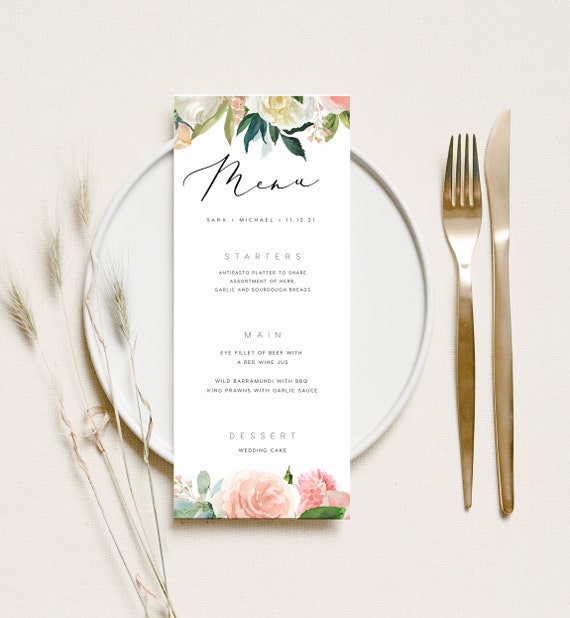 Floral Menu INSTANT DOWNLOAD Blush Pink Peonies Dinner | Etsy