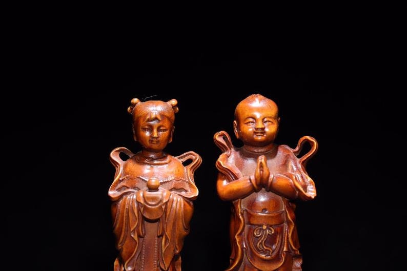 Chinese Antique Statues of Golden Boy and Jade Girl in Boxwood | Etsy