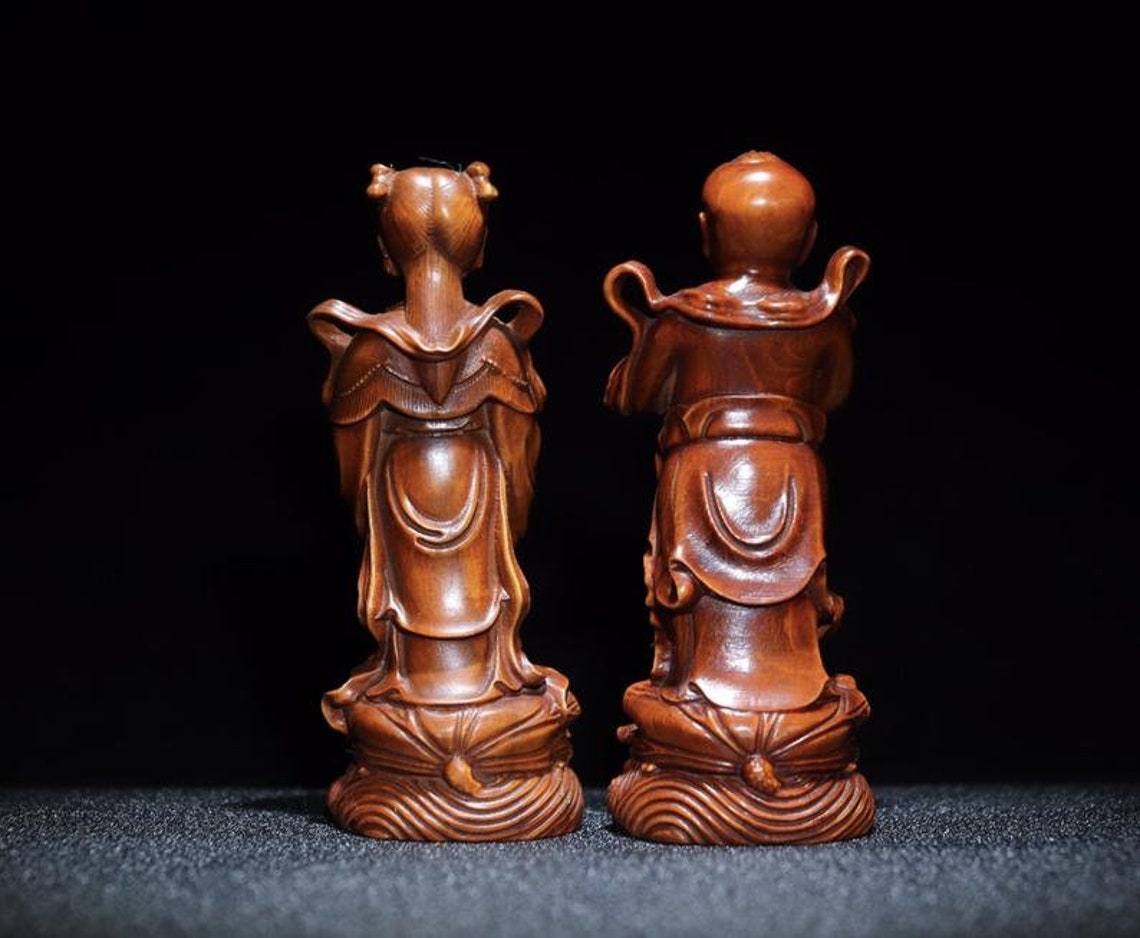 Chinese Antique Statues of Golden Boy and Jade Girl in Boxwood | Etsy