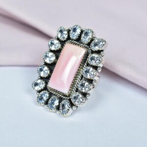 Handmade Pink Conch & Sterling Silver Adjustable Ring, Cubic Zirconia ...