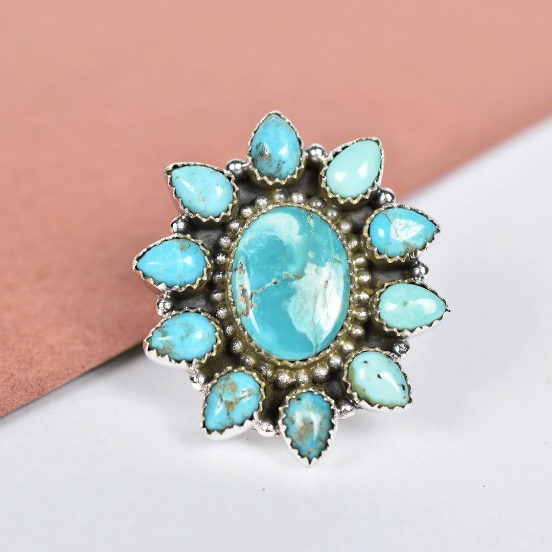 Vintage Turquoise Cluster Ring in 925 Sterling Silver, Large Flower ...