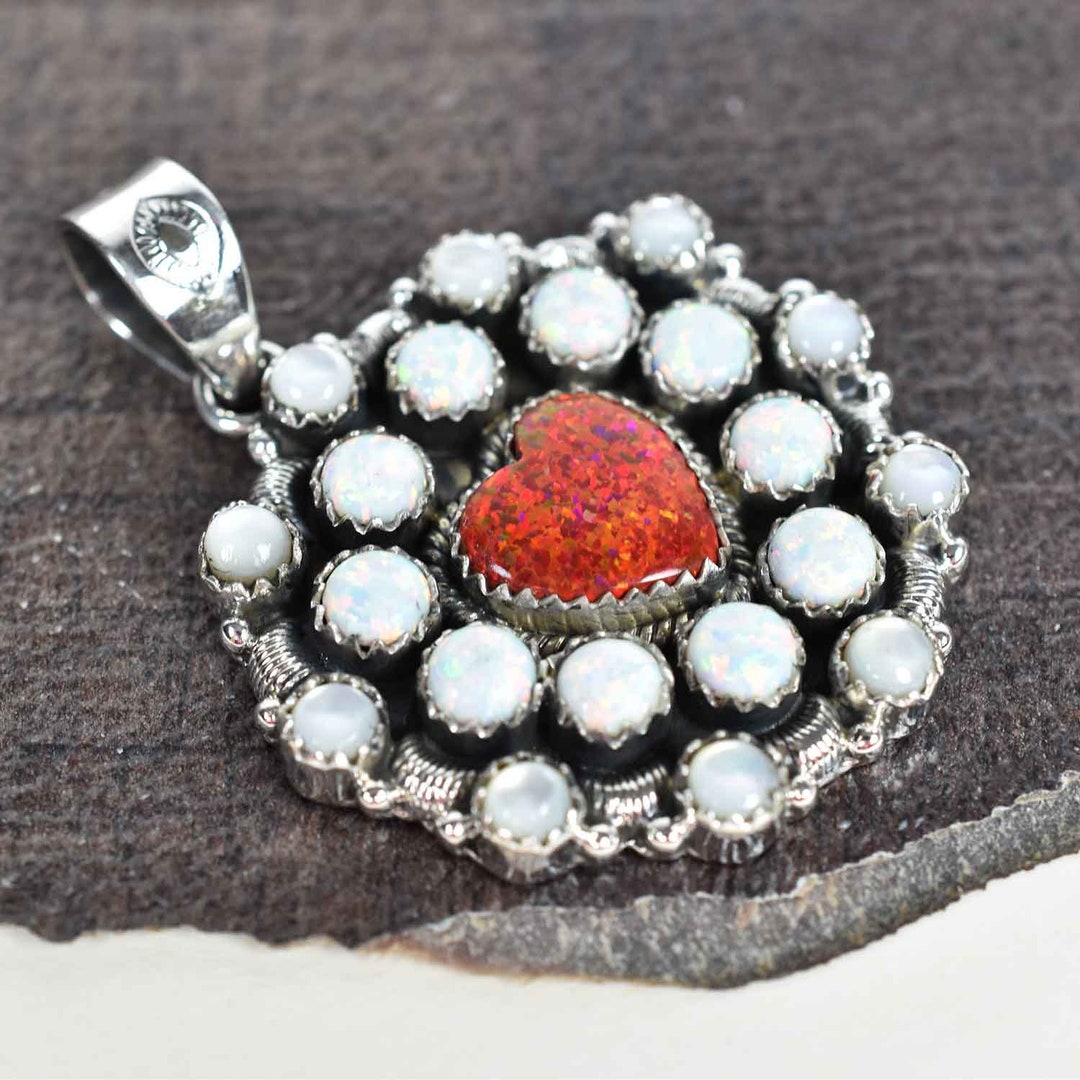 Sparkling Opal Pendant in 925 Sterling Silver, Heart Gemstone Cluster ...