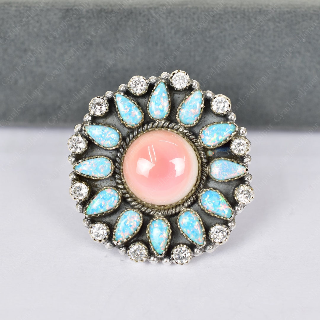 Pink Conch Cluster Ring, Sparkling Opal Ring in 925 Sterling Silver ...