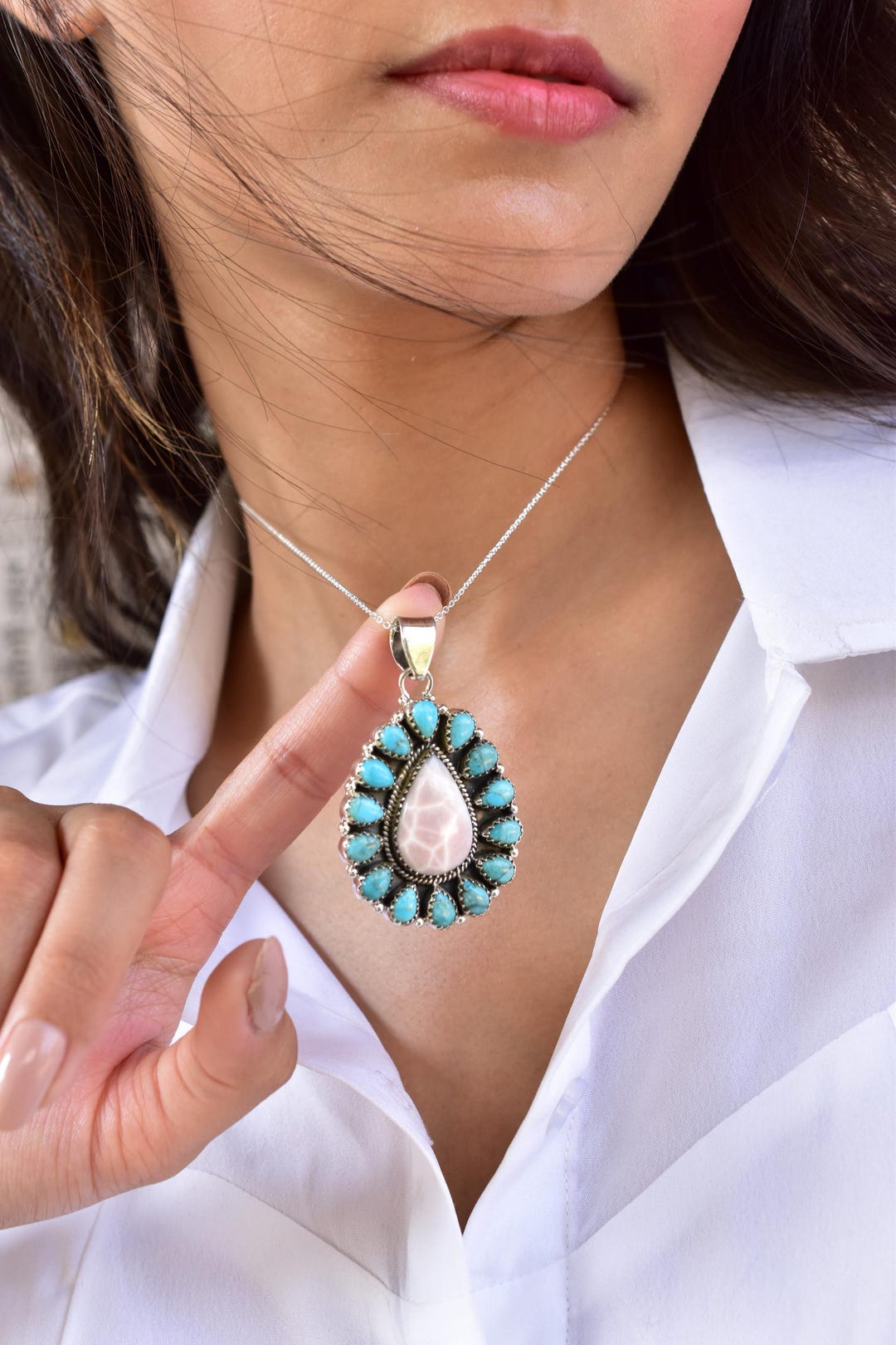 Handmade Pink Larimar Sterling Silver Cluster Pendant, Mojave Turquoise ...