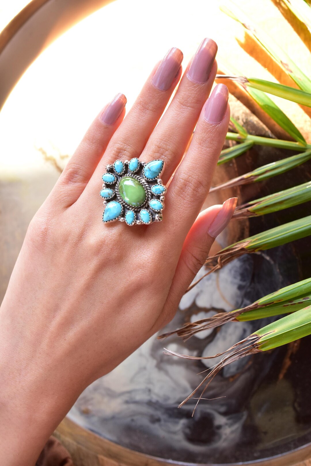 Handmade Sonoran Gold Turquoise & Mojave Turquoise Sterling Silver Adjustable Ring, Statement ...