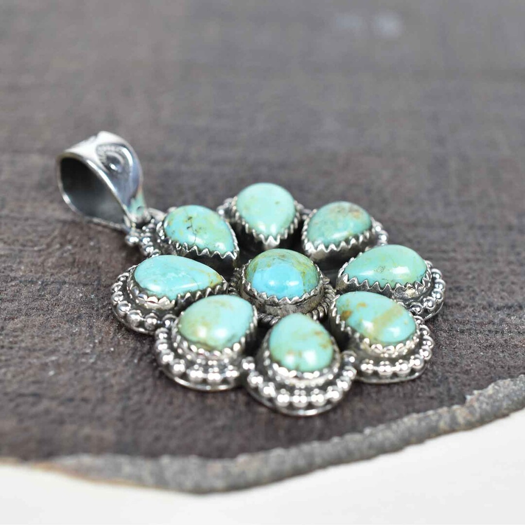 Mohave Turquoise Flower Pendant in 925 Sterling Silver, One of a Kind ...