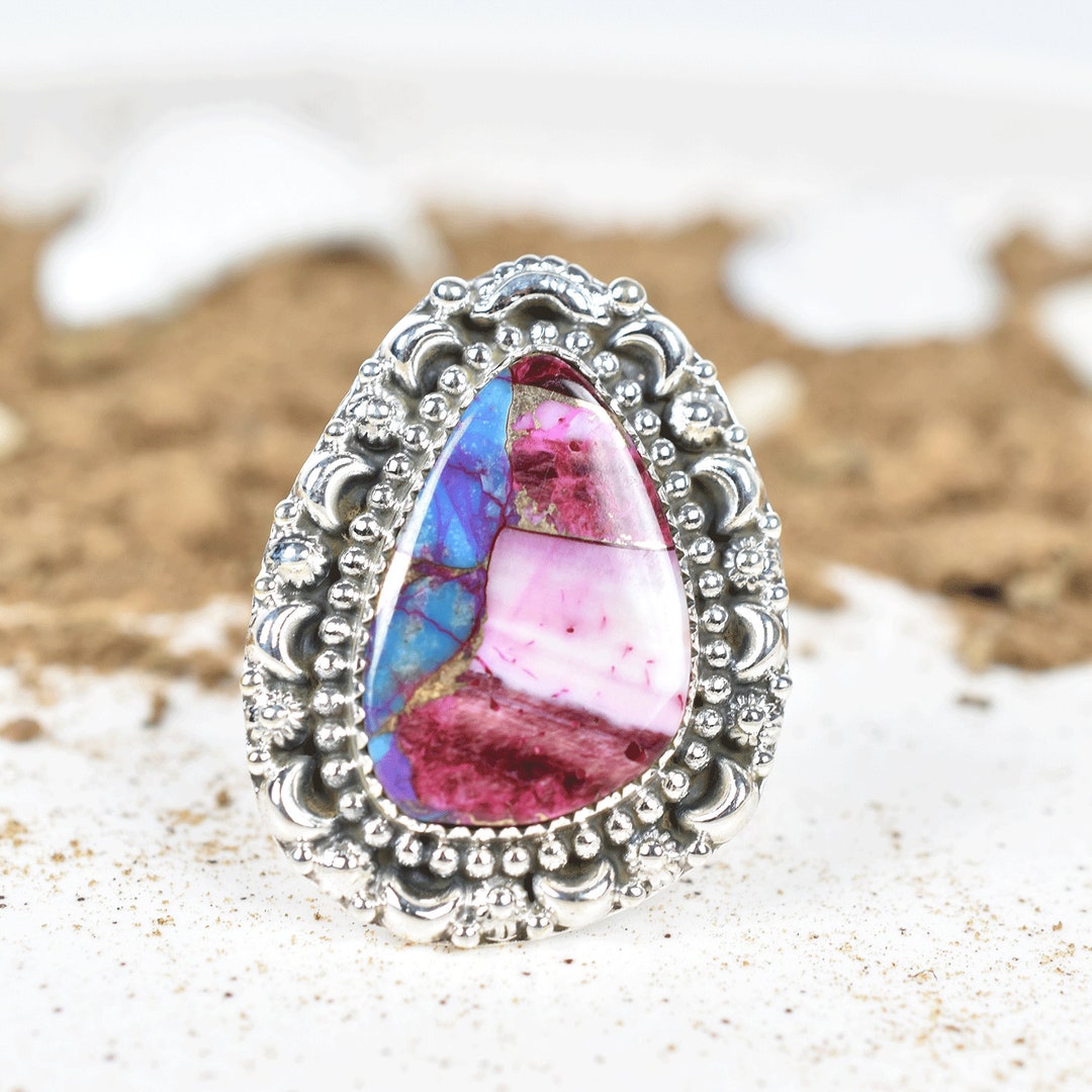 Dahlia Turquoise Ring, Dahlia Pink Stone Ring Women, Silver Gemstone ...