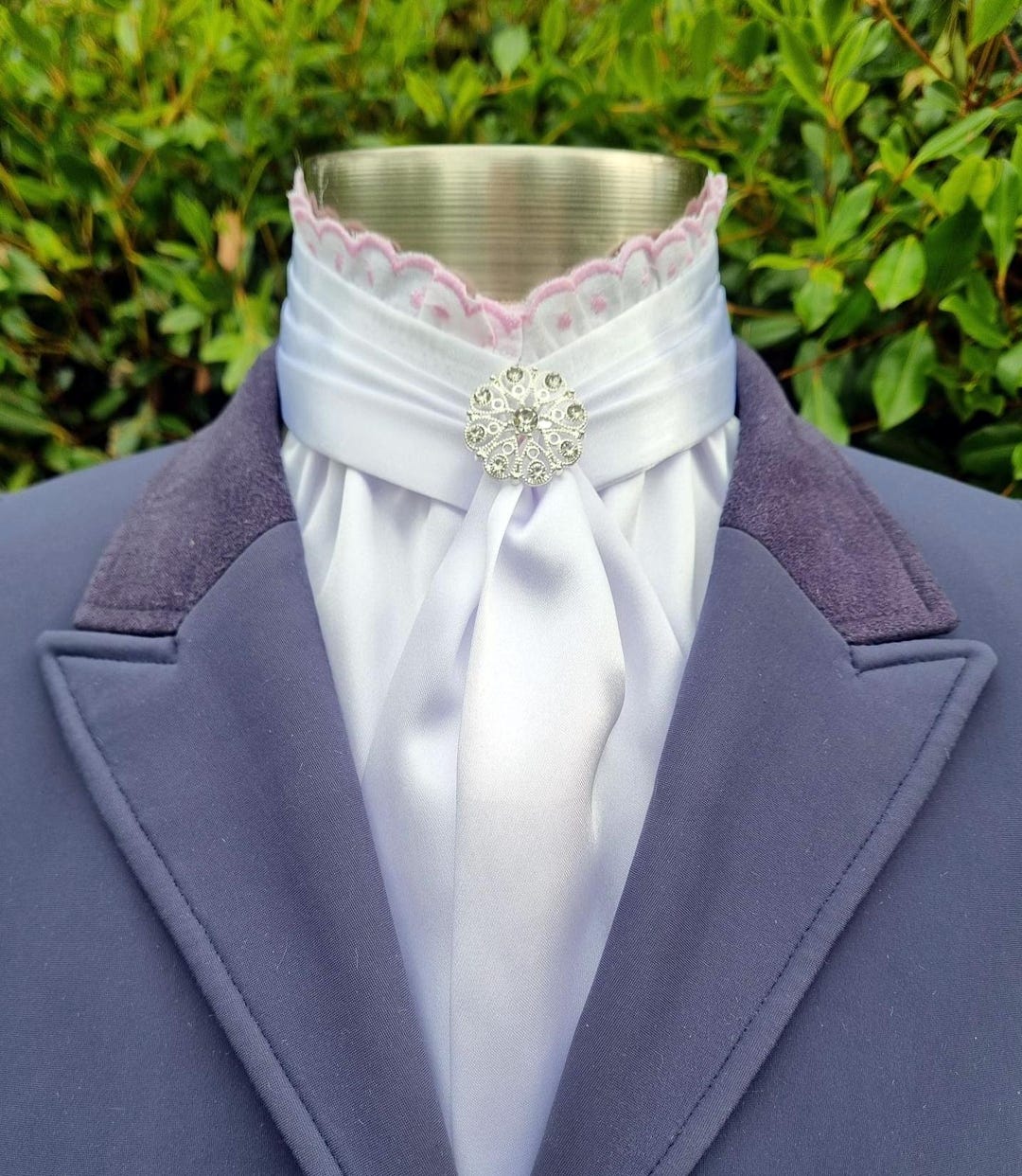 ERA Euro Belle Pre-tied Stock Tie - Soft White Satin - Lace Trim Edged ...