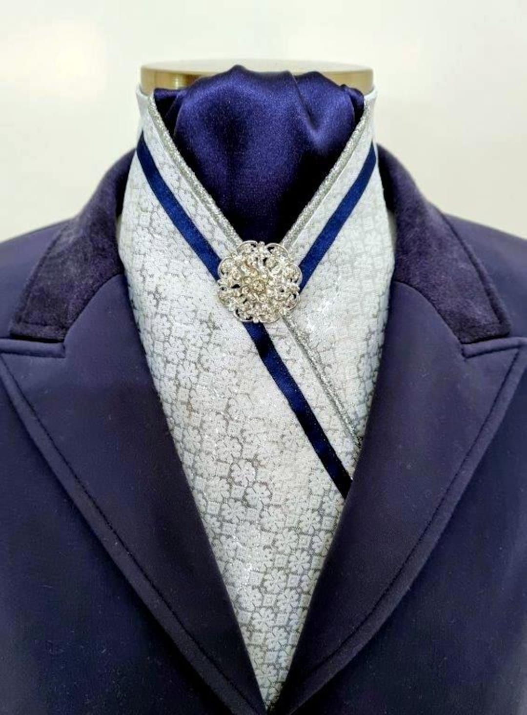 ERA Fiona Silver & White Brocade Stock Tie Plastron - Navy Centre ...