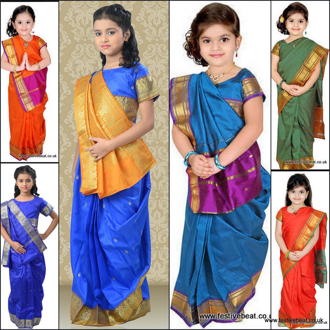 KIDS SAREE Ready Made Pre Stitched Ready to Wear Plain Pleated Sari ...