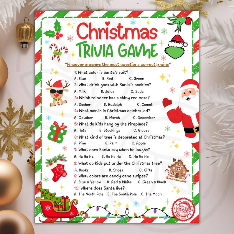 Christmas Trivia Game, Kids Winter Class Party, Printable Editable ...