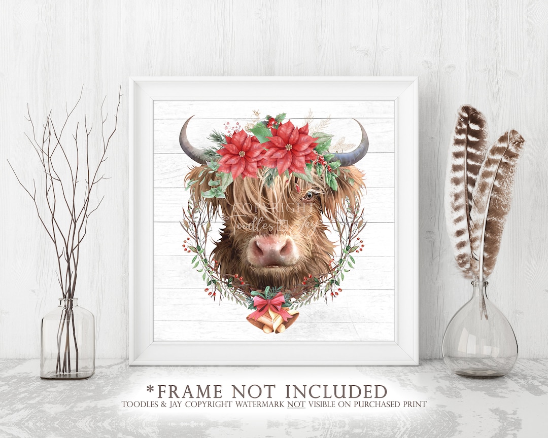 Christmas Highland Cow Art Print • Highland Cow Christmas Painting ...