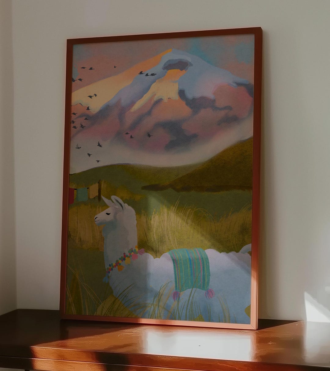 Ecuador Cotopaxi Llama Alpaca Poster - Folk Art Sunset Print - Handmade ...