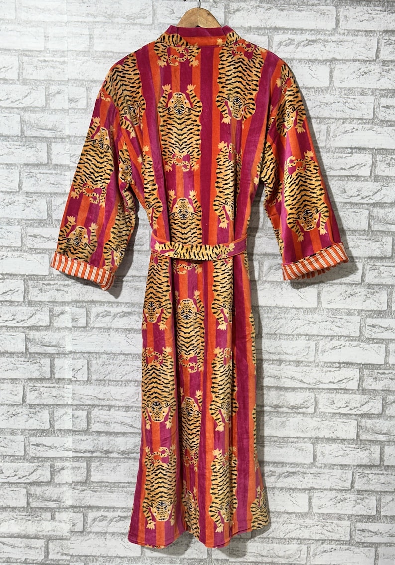 Velvet Tiger Print Kimono Robe: Handmade Velvet Cotton Blend Nightwear ...