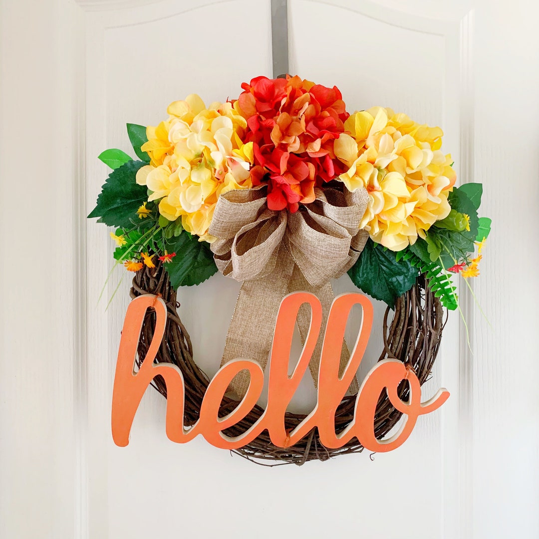 Hydrangea Wreath- Welcome Wreath, Wreaths, Hello Sign, Fall Wreath - Etsy