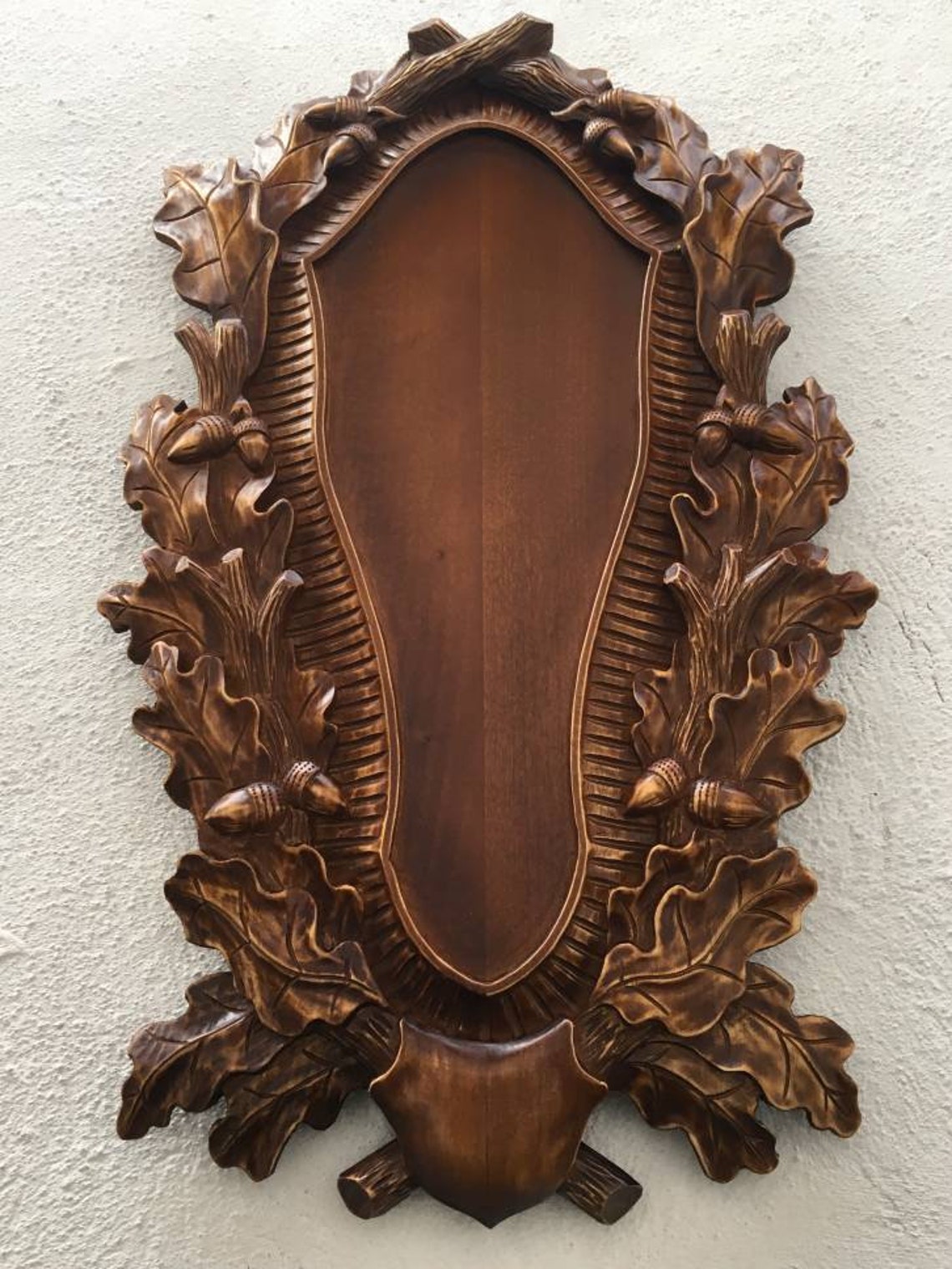Hand Carved Wooden Plaque Shield With Oak Leaf and Acorn Design. Black ...