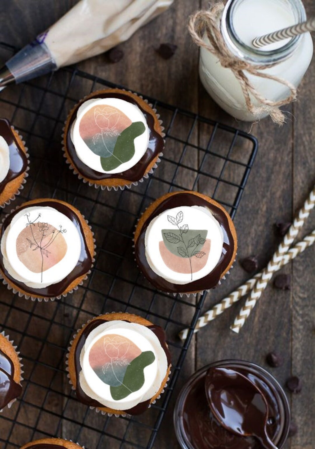 Edible Boho Floral Cupcake Toppers, Line Art Toppers, Pastel High Tea ...