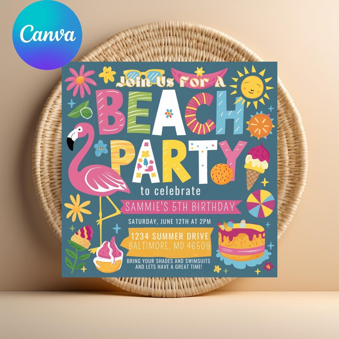 Customizable Canva Beach Party Invitation - Editable Birthday Invite ...