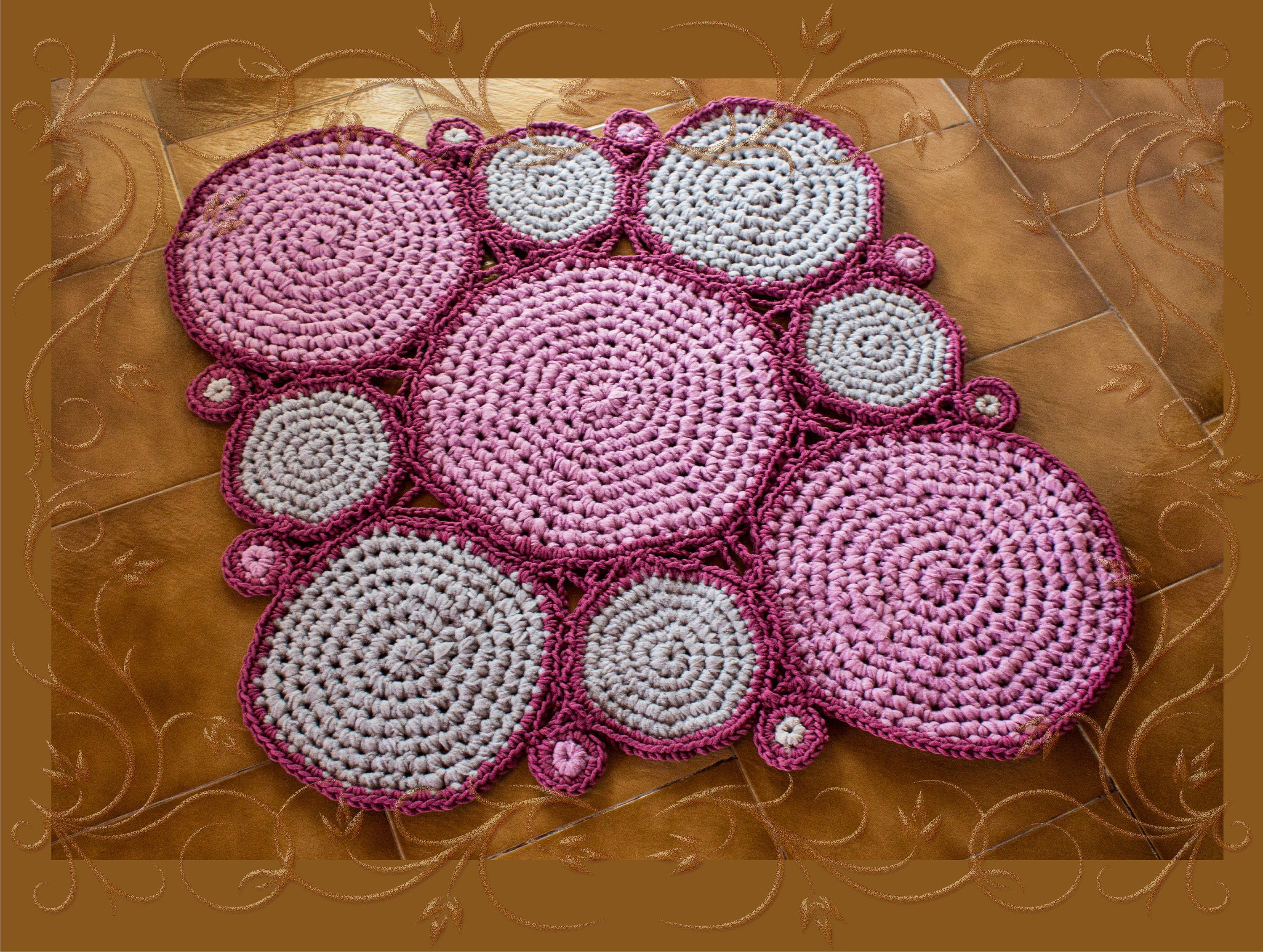Rug of Hand Knitted Round Elements of Purple and Gray. Knitted Rug ...