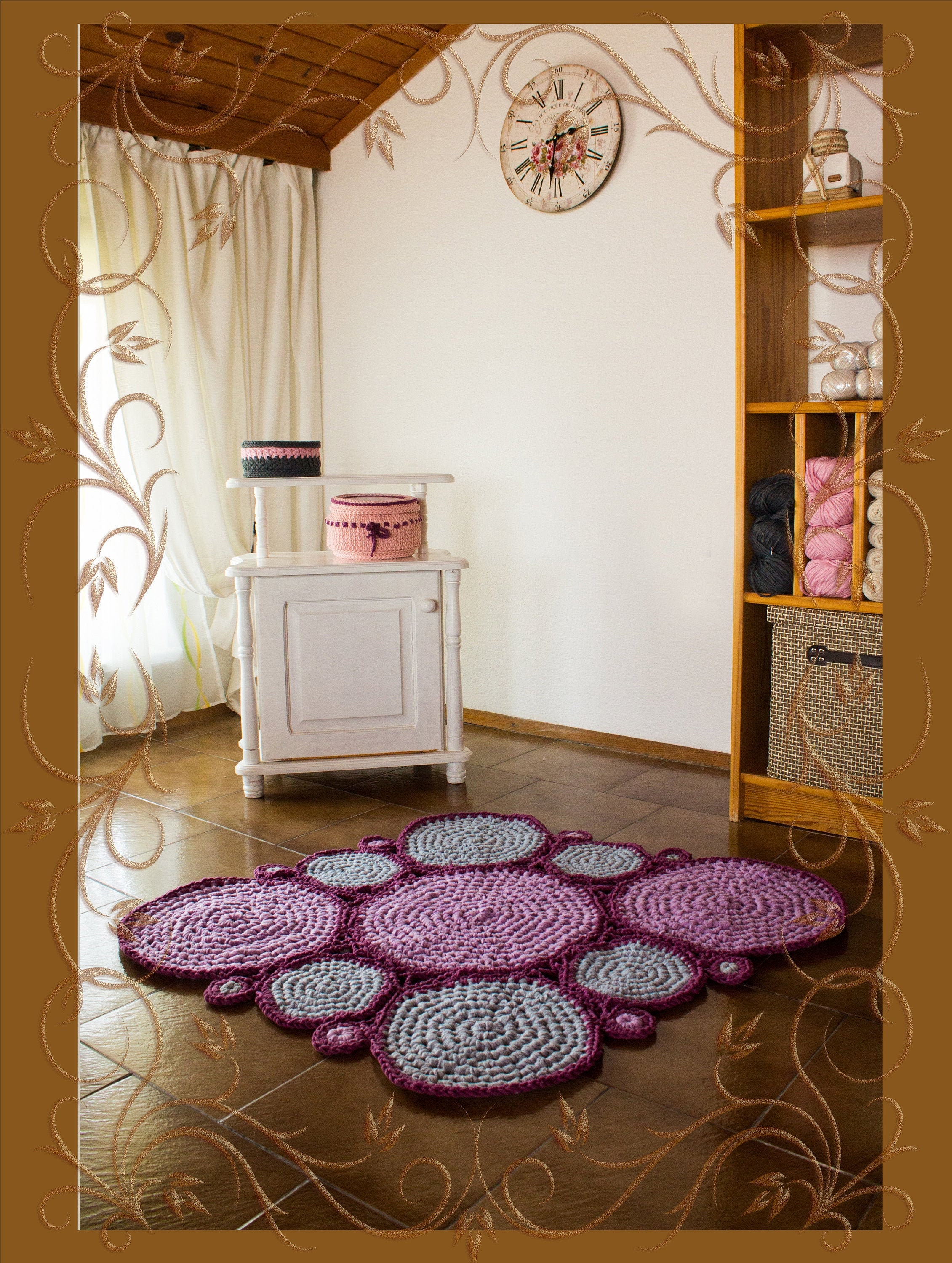 Rug of Hand Knitted Round Elements of Purple and Gray. Knitted Rug ...