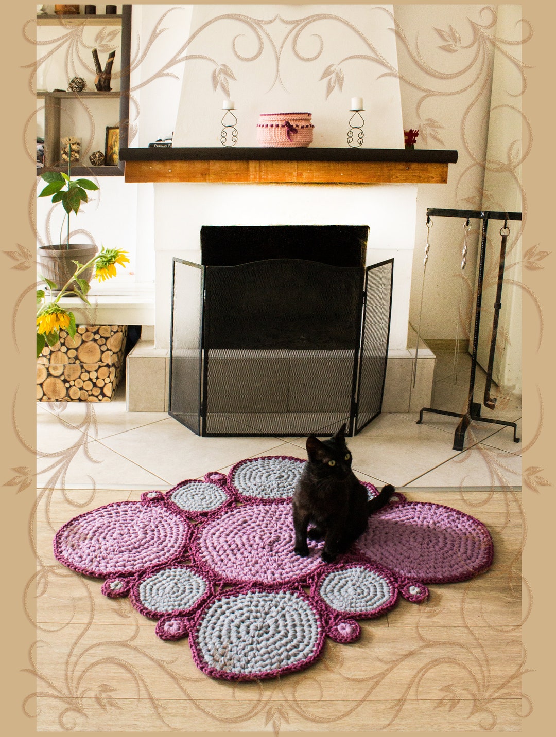 Rug of Hand Knitted Round Elements of Purple and Gray. Knitted Rug ...