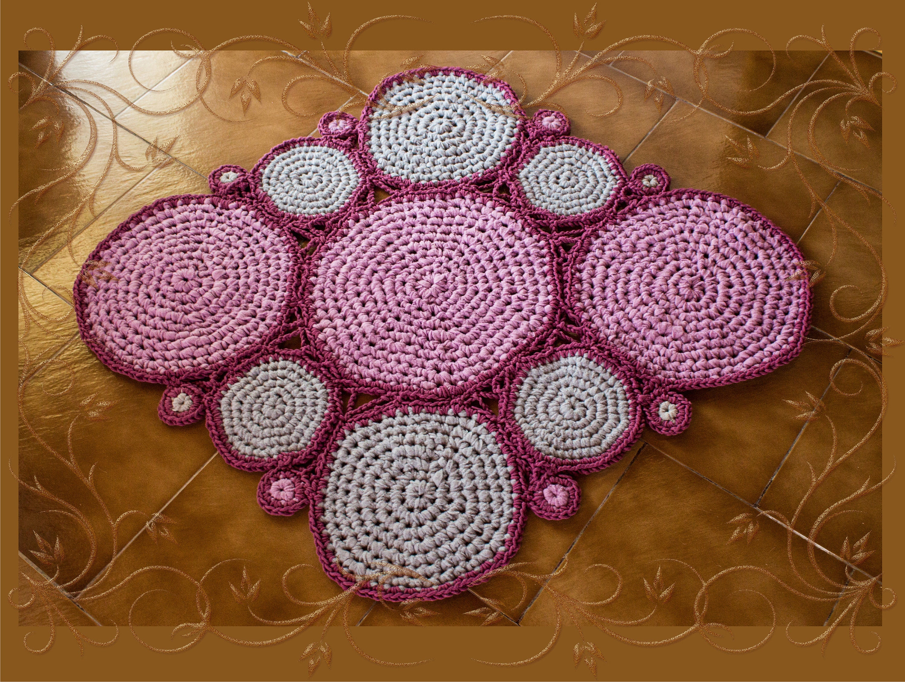 Rug of Hand Knitted Round Elements of Purple and Gray. Knitted Rug ...