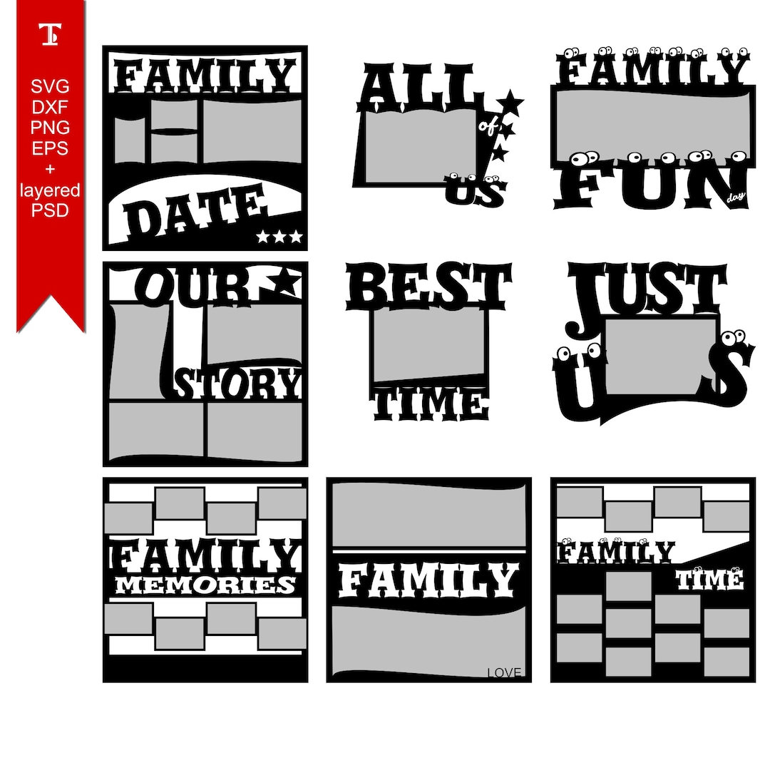 Family Photo Frames Set: 9 Cute SVG Photo & Collage Frames Vector Cut ...