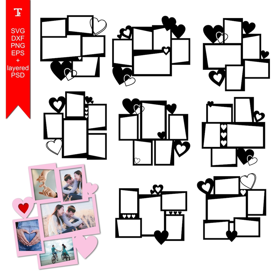 5 Picture Collage Frames, Layout Templates With Hearts, SVG, DXF, Png ...