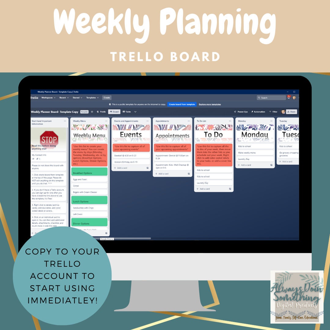 Digital Weekly Planner Trello Template - Etsy