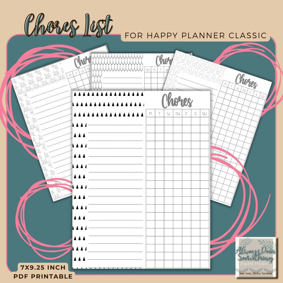 Printable Chores List Insert - Happy Planner Classic - 4 Designs ...